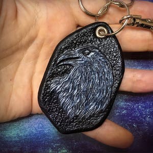 Tooled Leather Raven Key Holder - Hand Tooled Leather Key Fob ...