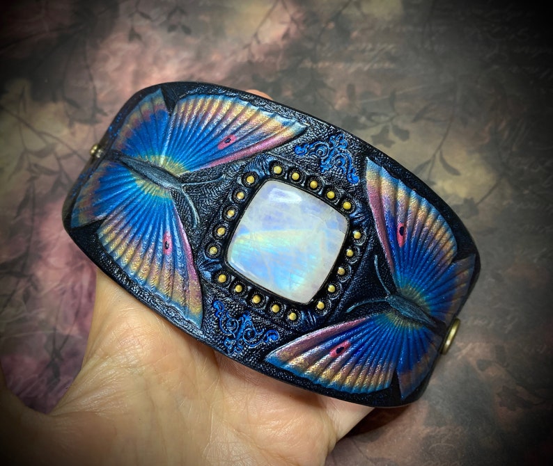 Hand tooled and hand painted leather cuff bracelet with | Etsy