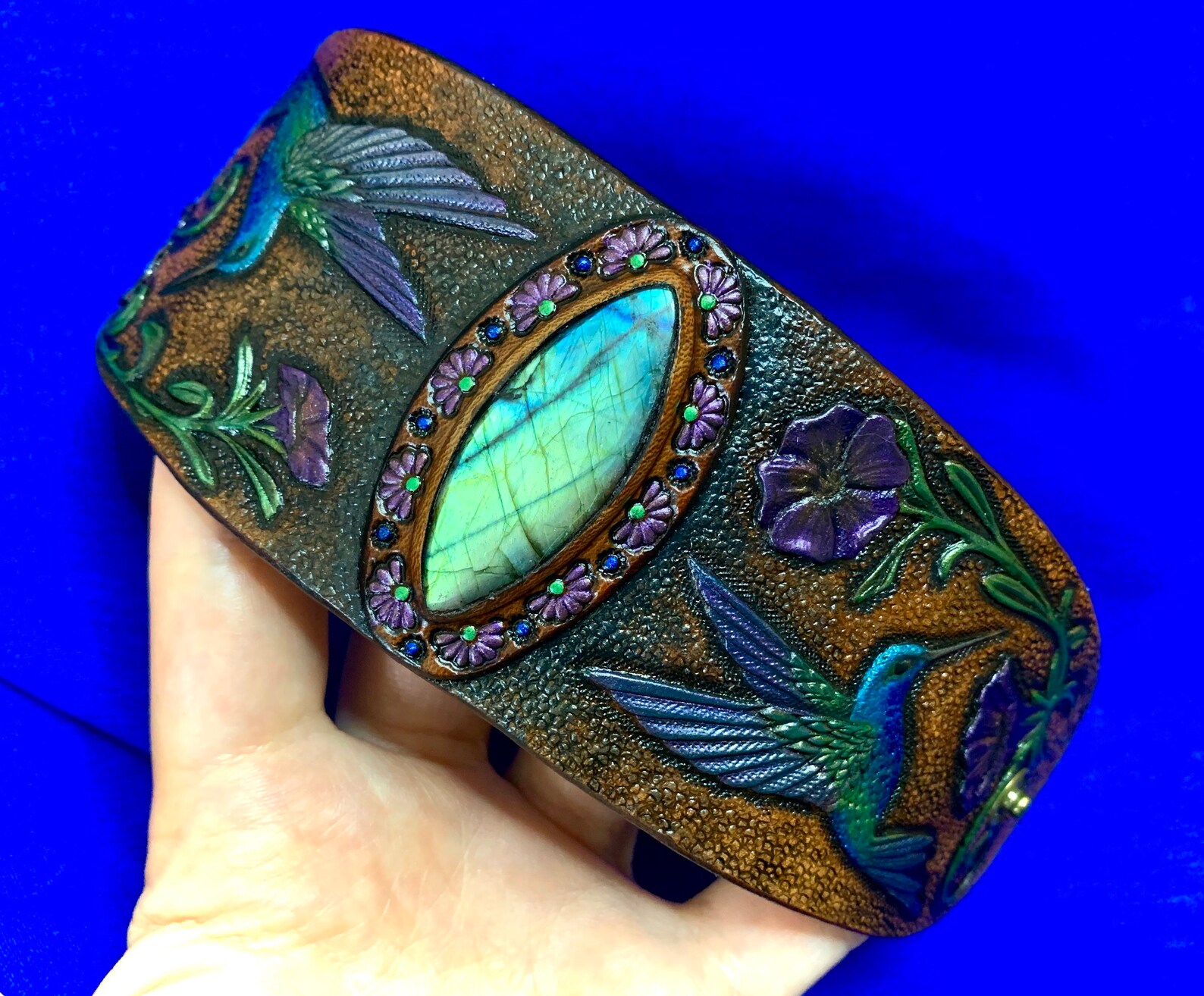 Tooled Leather Hummingbird Bracelet Hand Painted Leather | Etsy