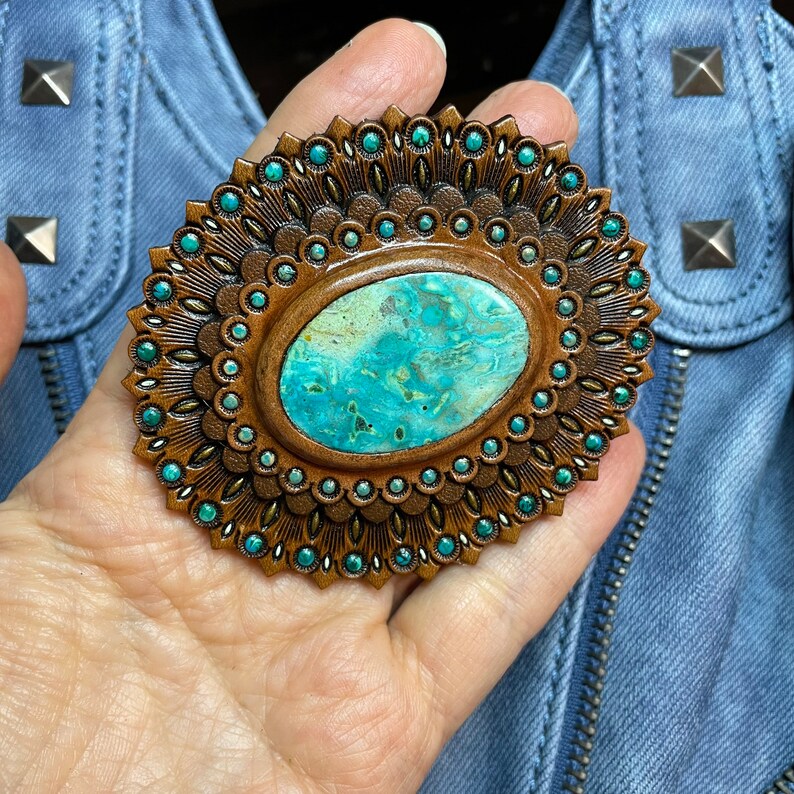 Hand Tooled Leather Concho With Chrysocolla Cabochon Natural - Etsy