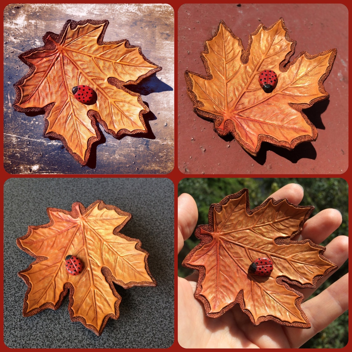 Hand Tooled Leather Maple Leaf & Ladybug Pin Brooch Autumn - Etsy