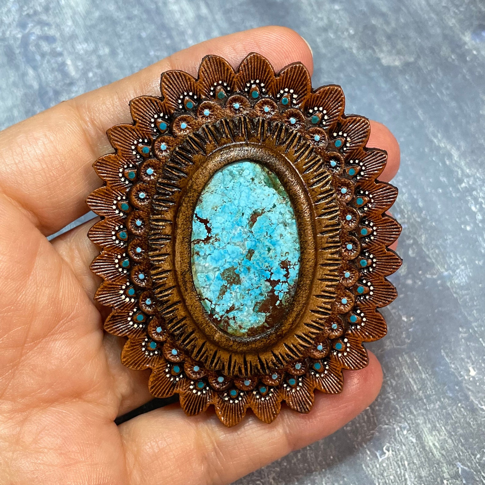 Hand Tooled Leather Concho With Turquoise Natural Gemstone - Etsy