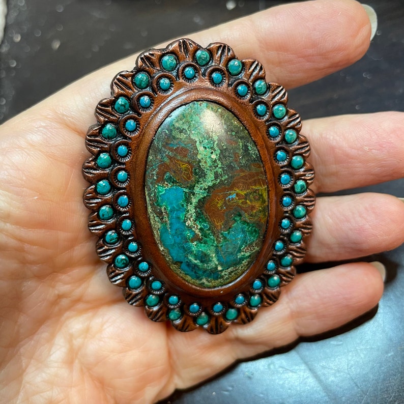 Hand Tooled Leather Concho With Chrysocolla Cabochon Natural - Etsy