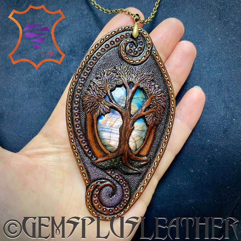 Hand Tooled Leather Tree of Life Pendant With Rainbow - Etsy