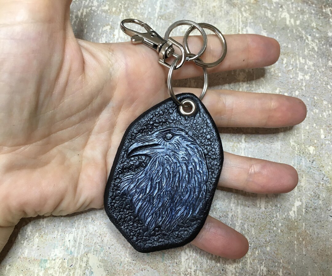Tooled Leather Raven Key Holder - Hand Tooled Leather Key Fob ...