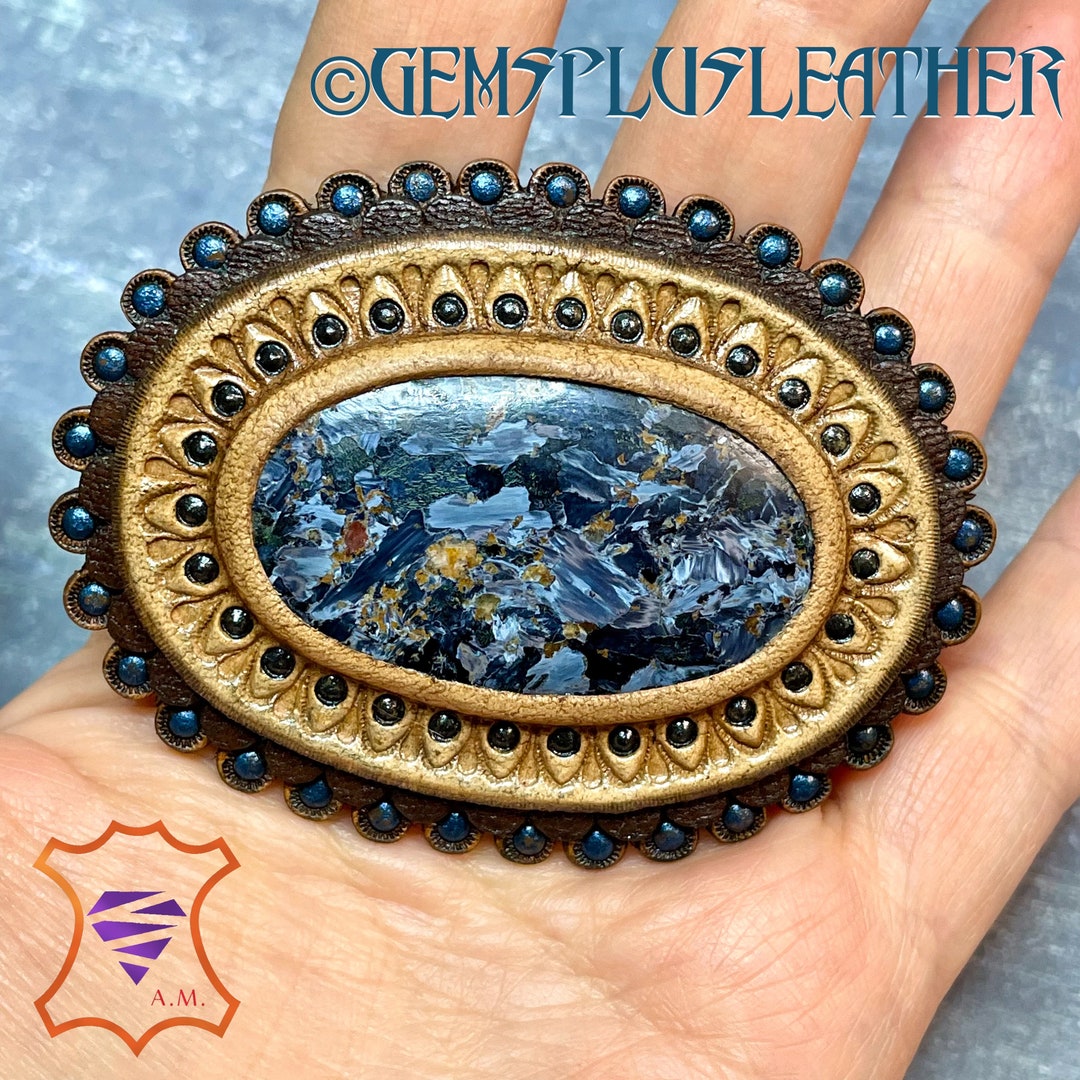 Hand Tooled Leather Concho With Pietersite Cabochon - Natural Gemstone ...