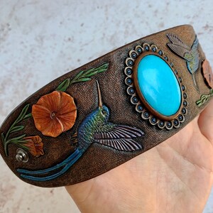 Tooled Leather Hummingbird Bracelet - Hand Painted Leather Cuff ...