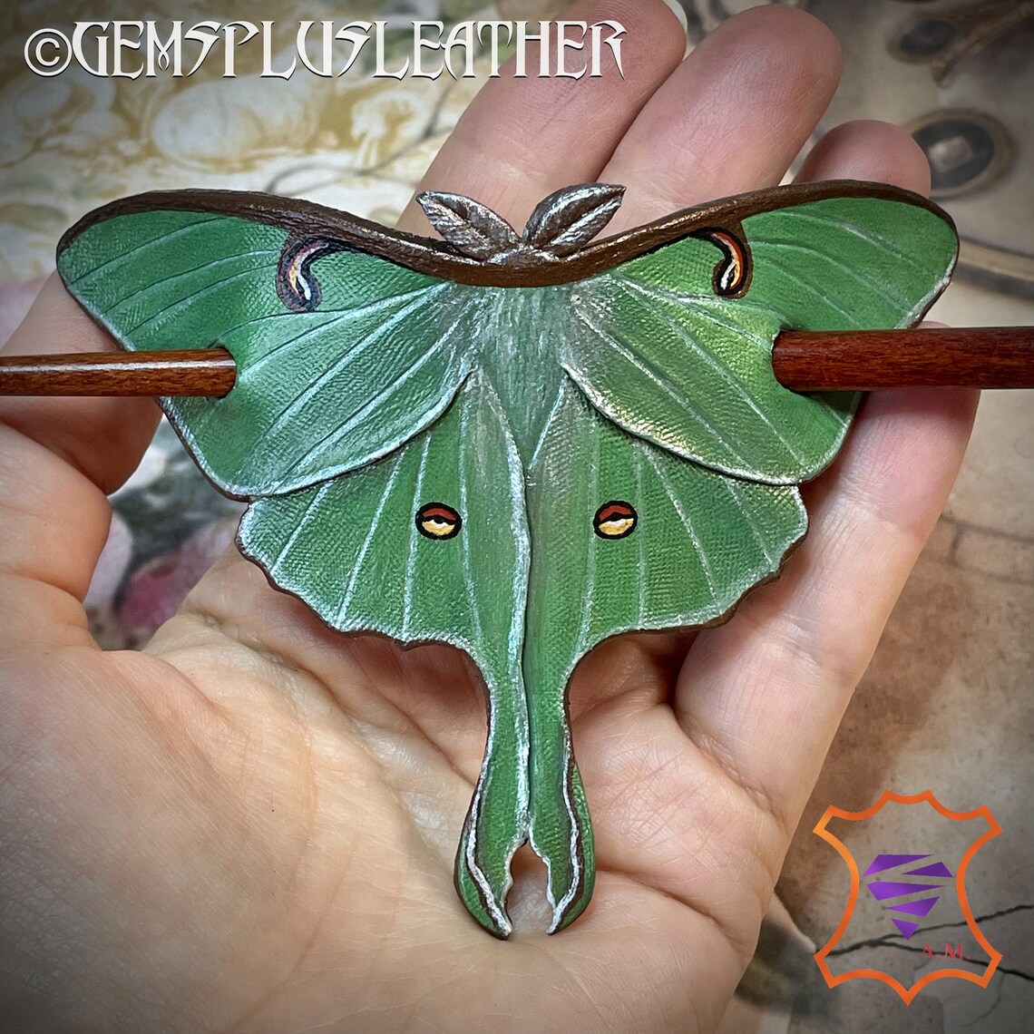 Tooled Leather Luna Moth Shawl Pin or Ponytail Cuff With Stick - Etsy