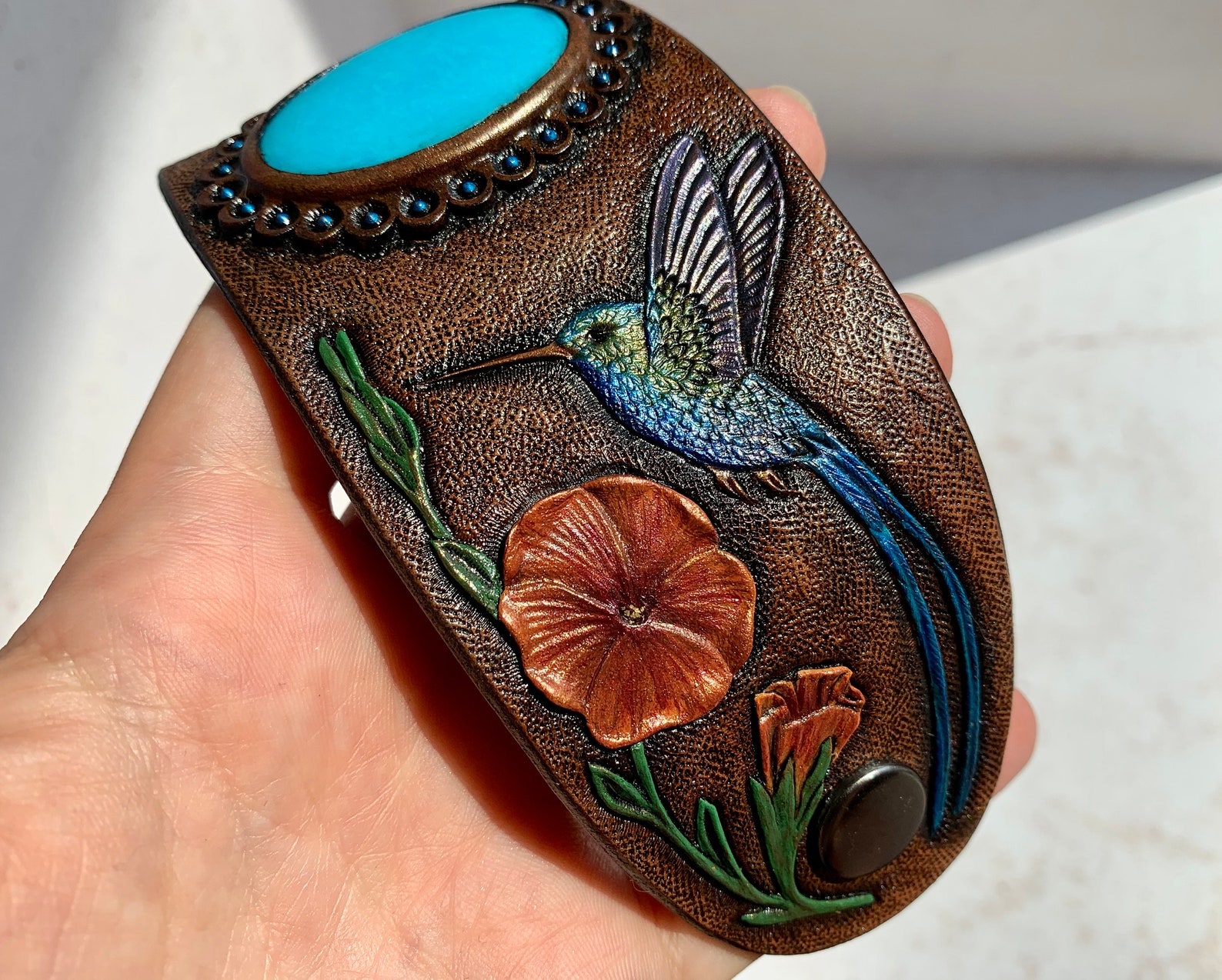 Tooled Leather Hummingbird Bracelet Hand Painted Leather | Etsy