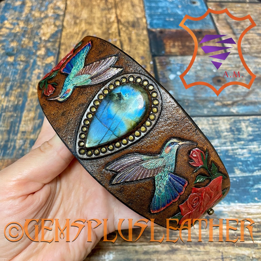Tooled Leather Hummingbird Bracelet - Hand Painted Leather Cuff ...