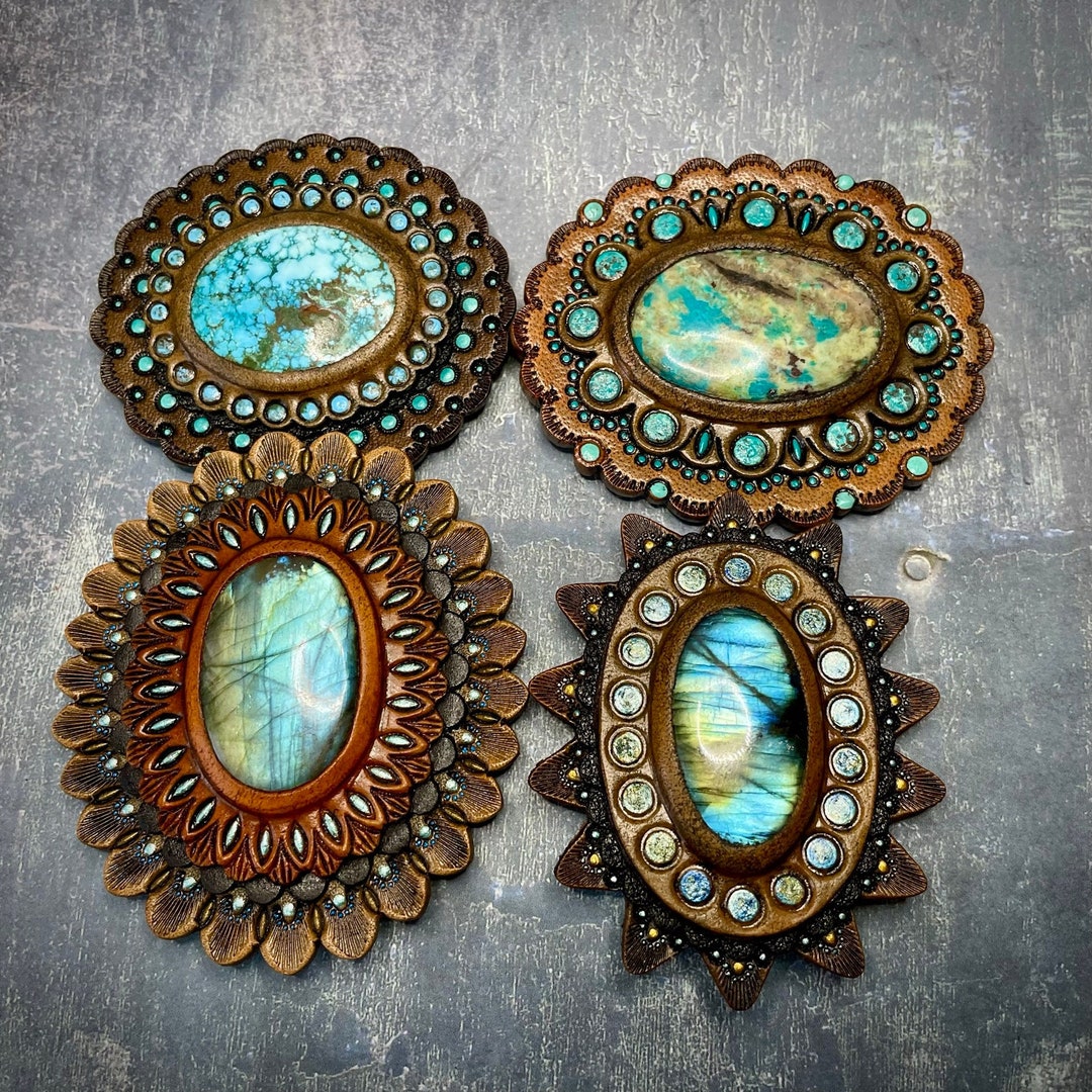 Hand Tooled Leather Concho With a Natural Gemstone - Natural Gemstone ...