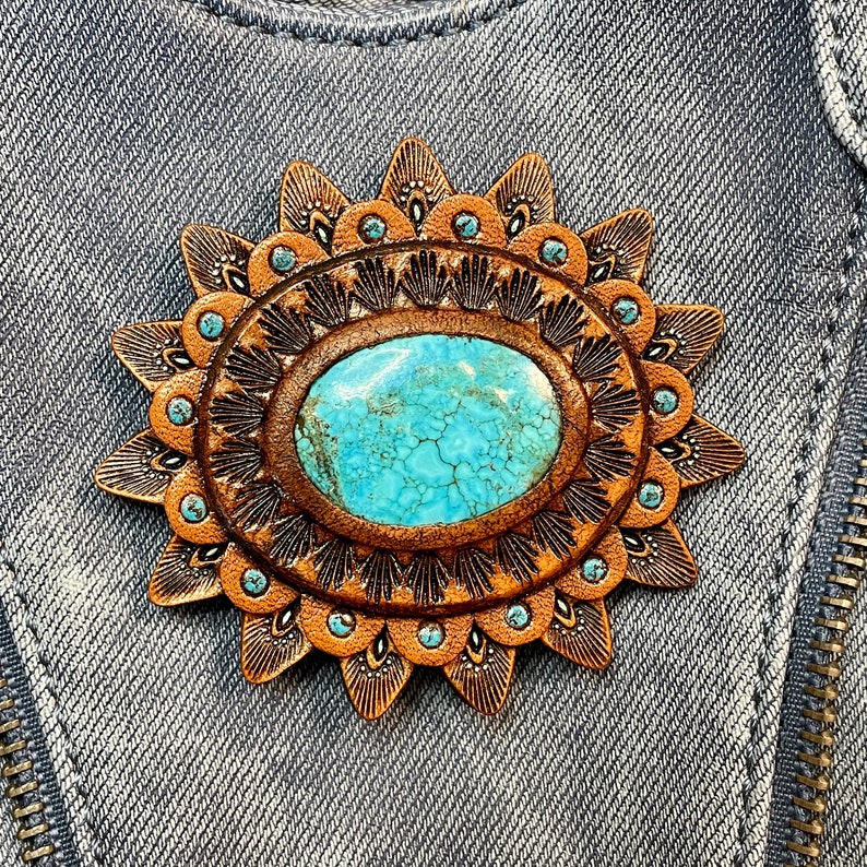 Hand Tooled Leather Concho With Turquoise Natural Gemstone - Etsy