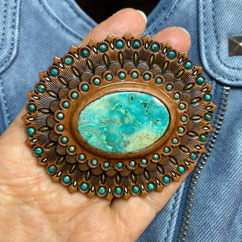 Hand Tooled Leather Concho With Chrysocolla Cabochon Natural - Etsy