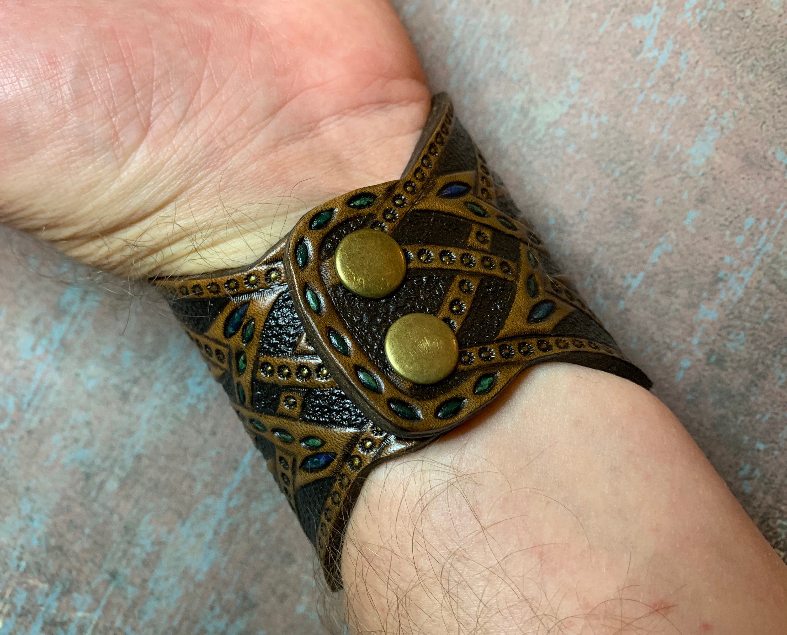 Hand Tooled and Hand Painted Leather Men’s Cuff Bracelet With Malachite ...