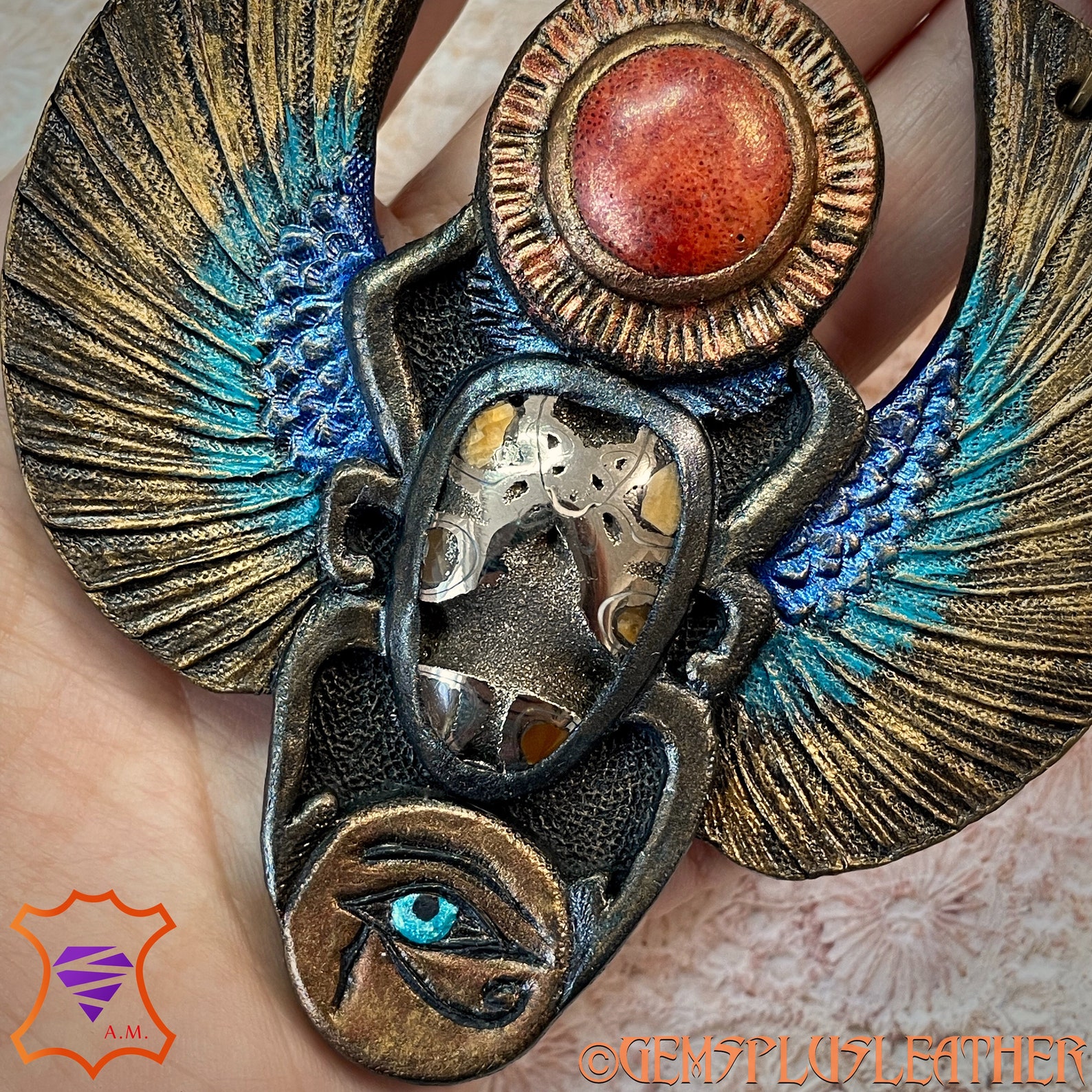 Tooled Leather Egyptian Scarab Necklace by Gemsplusleather | Etsy