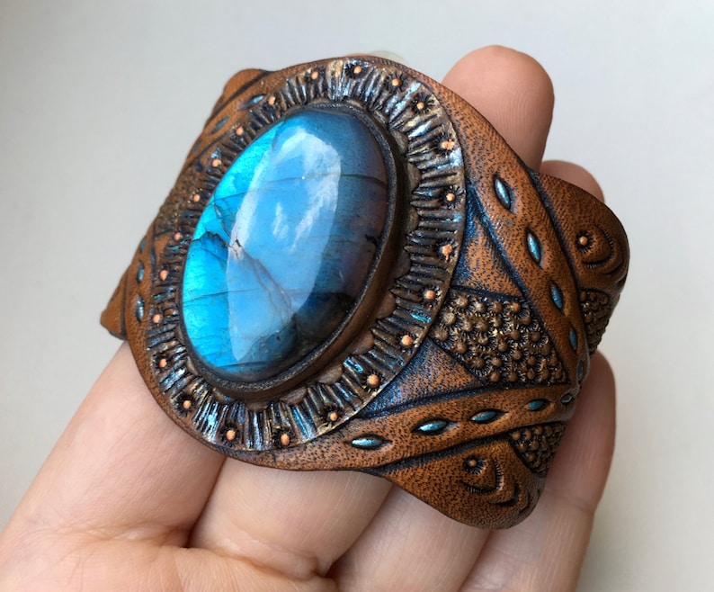 Hand Tooled Leather Fantasy Cuff With Blue Labradorite and | Etsy