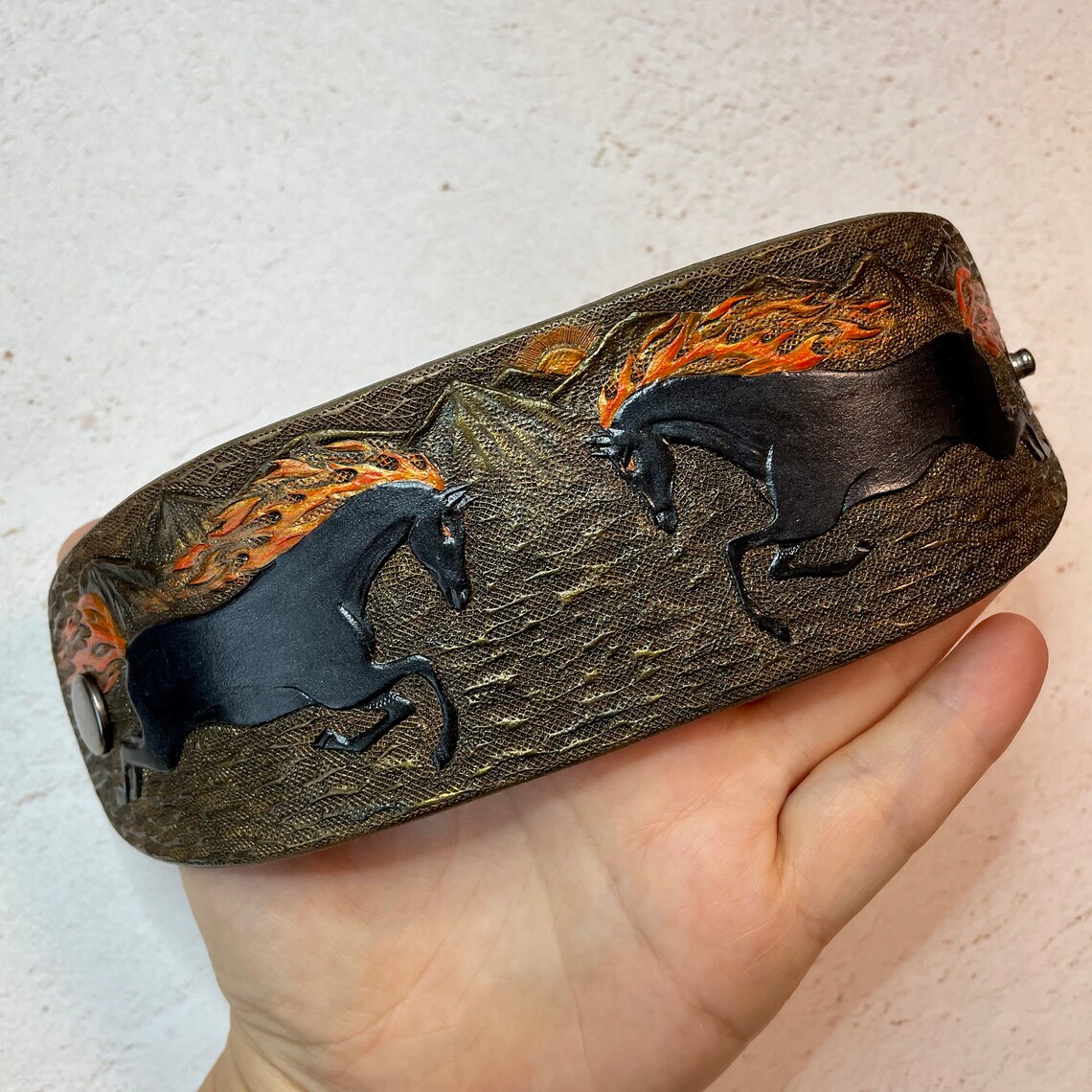 Tooled Leather Cuff Bracelet With Infernal Horses Hand - Etsy