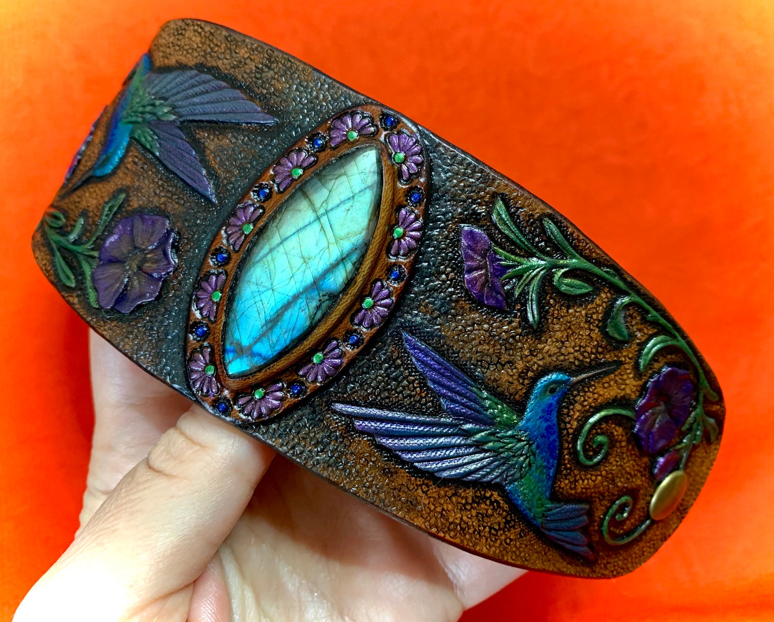 Tooled Leather Hummingbird Bracelet Hand Painted Leather - Etsy