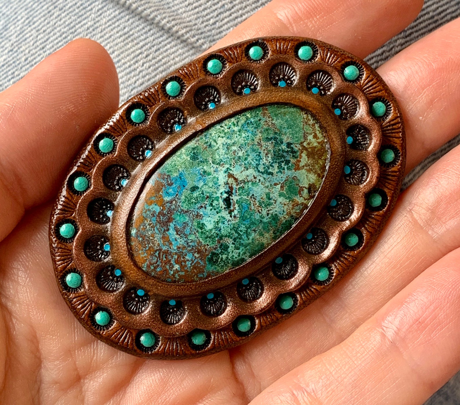 Hand Tooled Leather Concho With Chrysocolla Cabochon Natural - Etsy