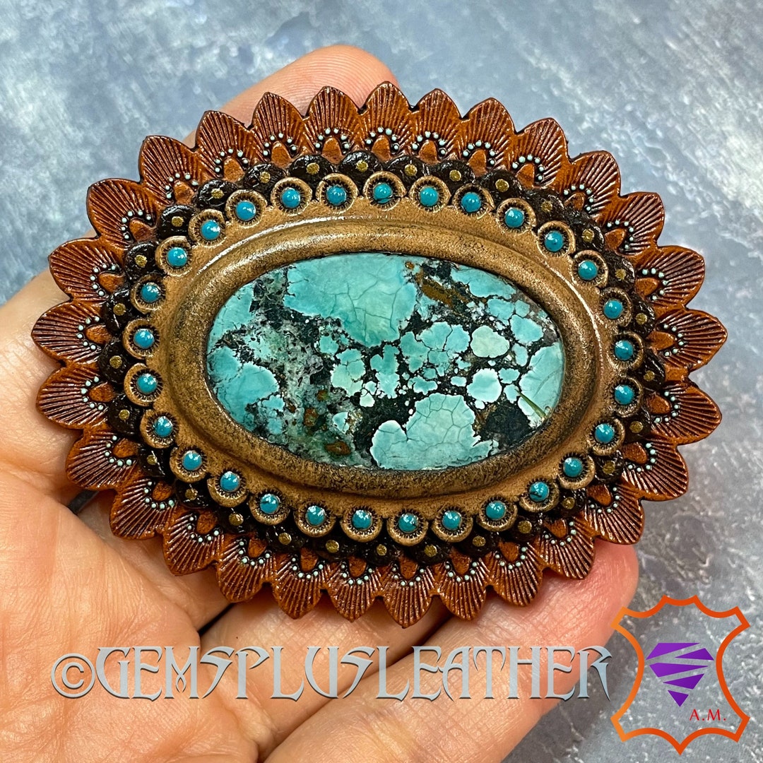 Hand Tooled Leather Concho With Turquoise Natural Gemstone - Etsy