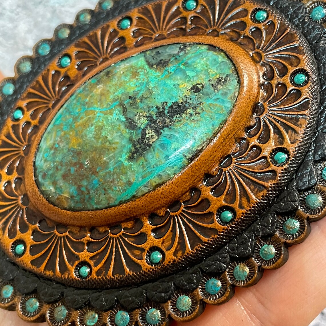 Hand Tooled Leather Concho With Chrysocolla Cabochon Natural - Etsy