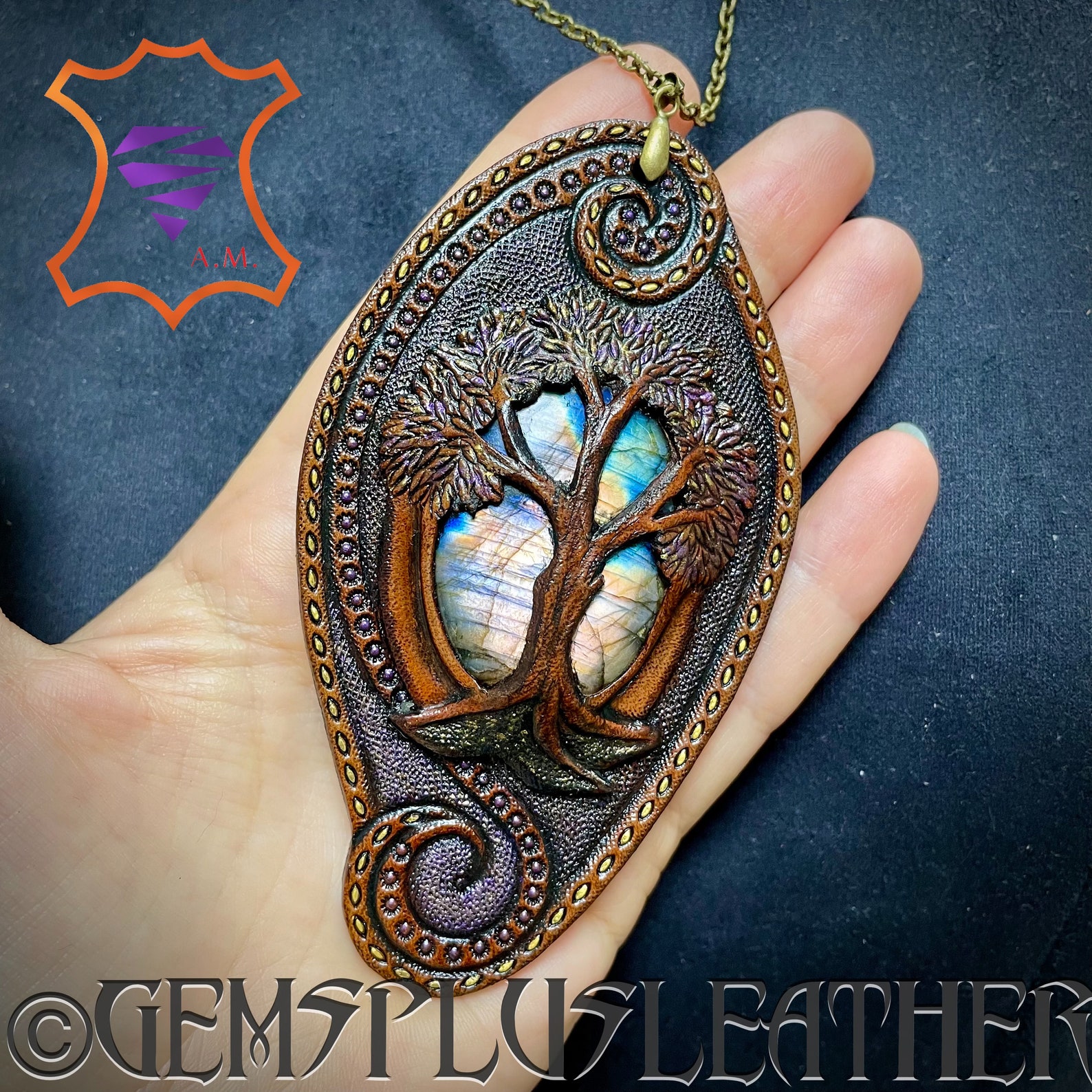 Hand Tooled Leather Tree of Life Pendant With Rainbow - Etsy