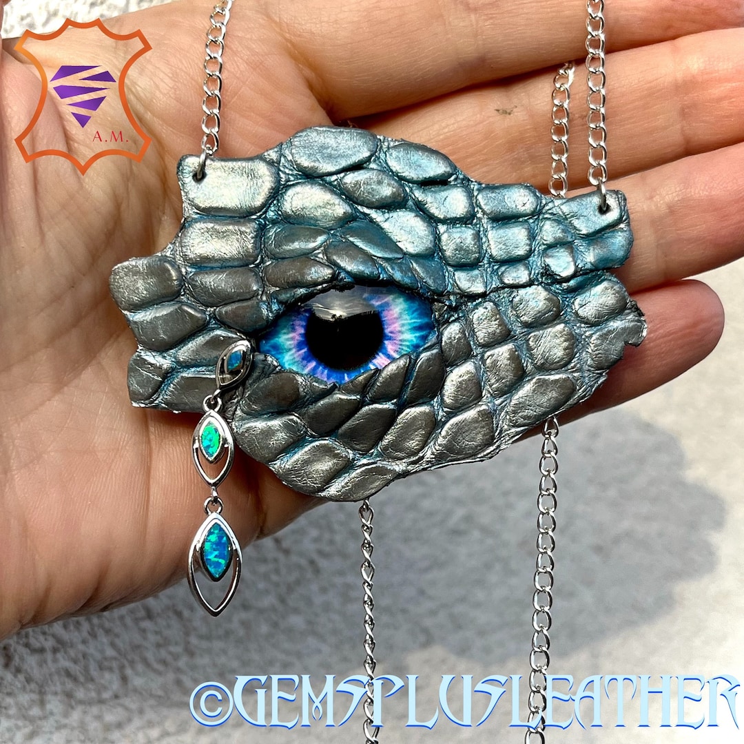 Hand Painted Leather Dragon Eye Pendant With Blue and Silver Metallic ...