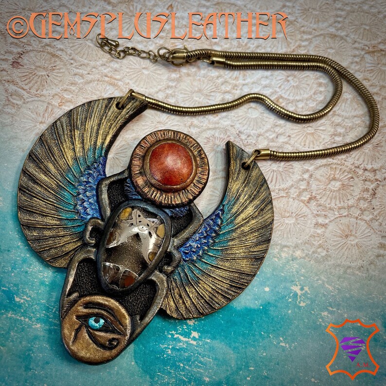 Tooled Leather Egyptian Scarab Necklace by Gemsplusleather | Etsy