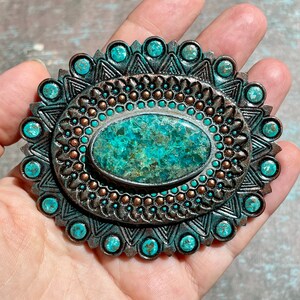 Hand Tooled Leather Concho With Chrysocolla - Rustic Style Gemstone ...