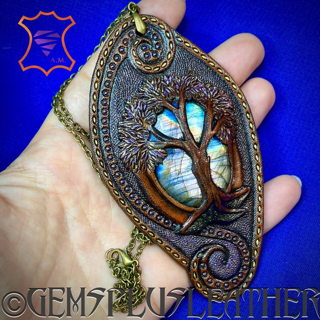 Hand Tooled Leather Tree of Life Pendant With Rainbow Labradorite ...