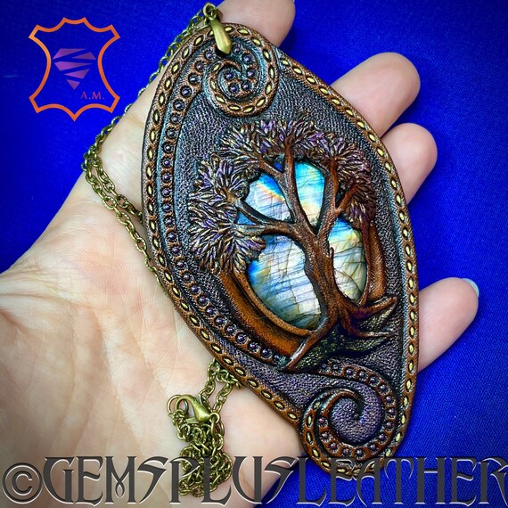 Hand Tooled Leather Tree of Life Pendant With Rainbow - Etsy