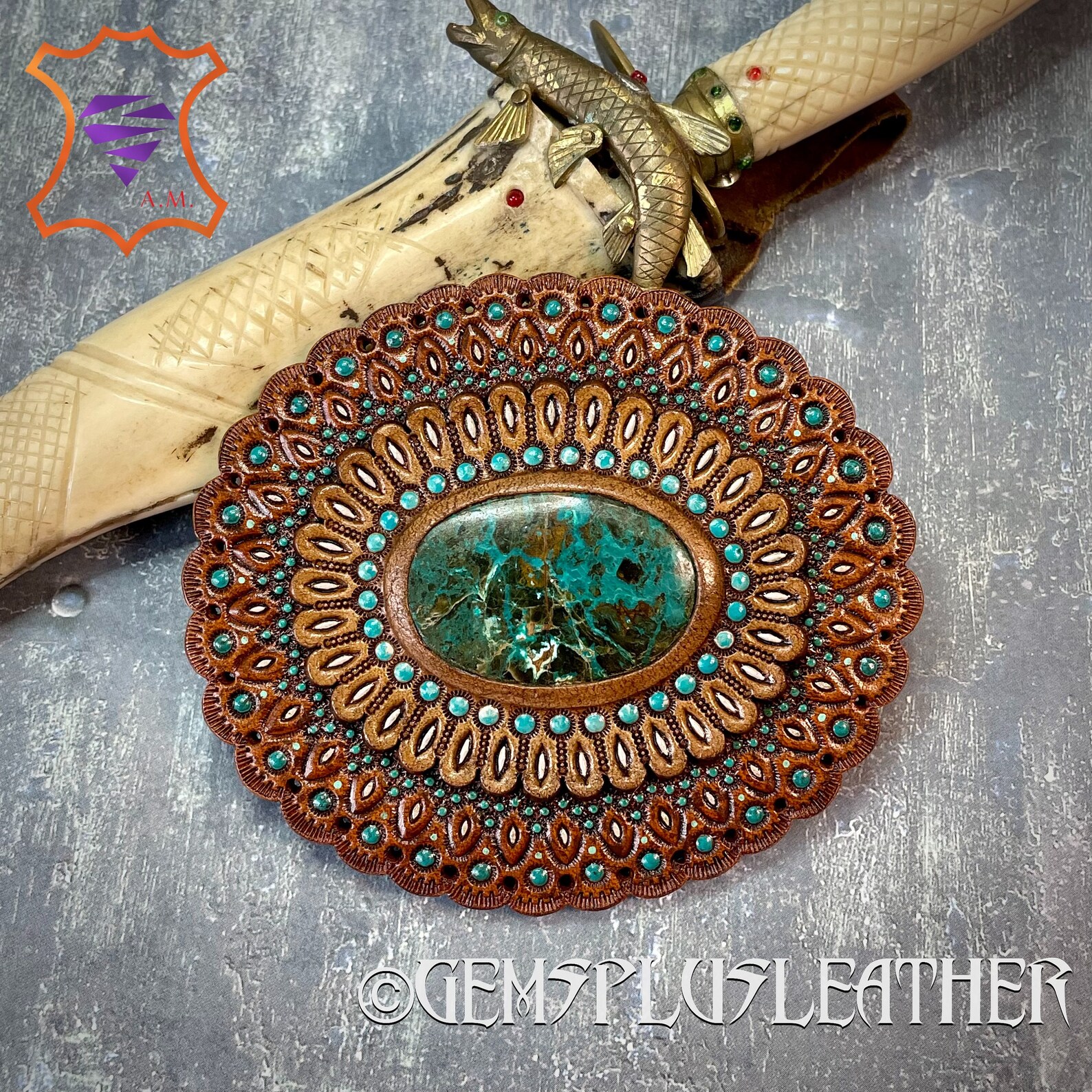 Tooled Leather Belt Buckle Face With Chrysocolla Cabochon - Etsy