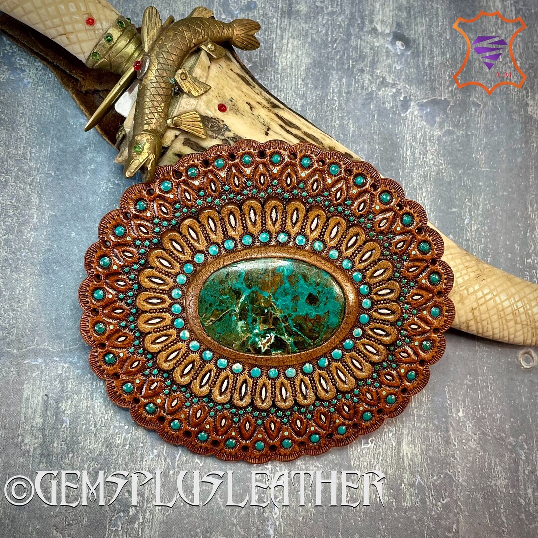 Tooled Leather Belt Buckle Face With Chrysocolla Cabochon - Art Supply ...