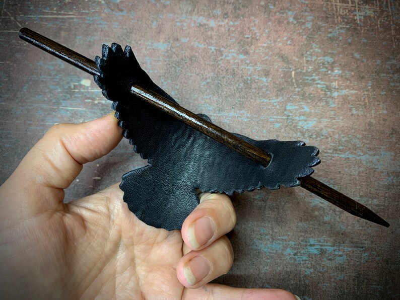 Tooled Leather Raven Shawl Pin or Hair Cuff Black Raven - Etsy