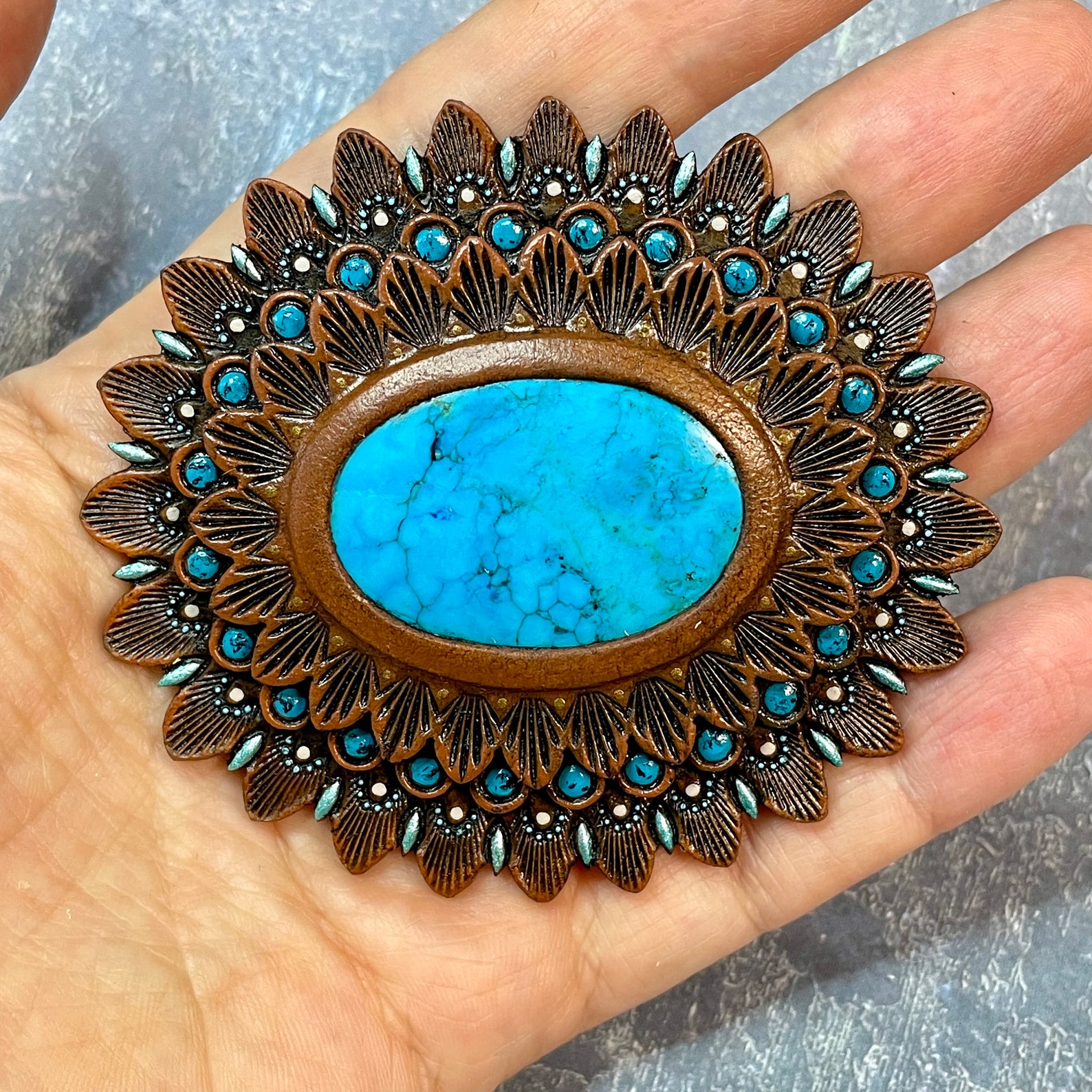 Hand Tooled Leather Concho With Turquoise Natural Gemstone - Etsy