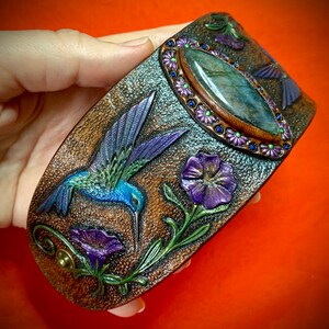 Tooled Leather Hummingbird Bracelet: Hand-painted Cuff With Labradorite ...
