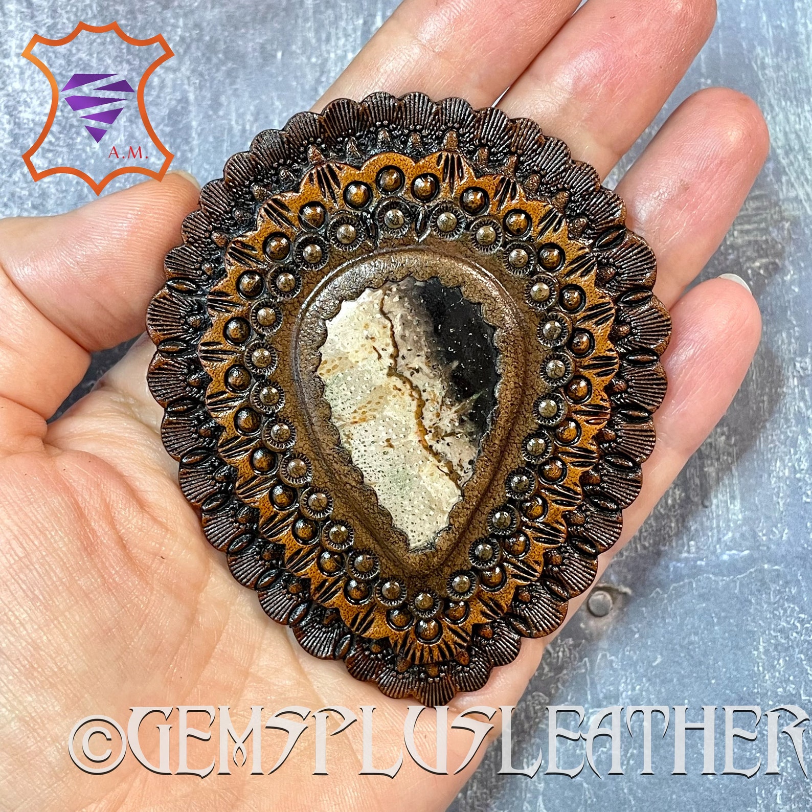 Hand Tooled Leather Concho With Petrified Wood Natural - Etsy