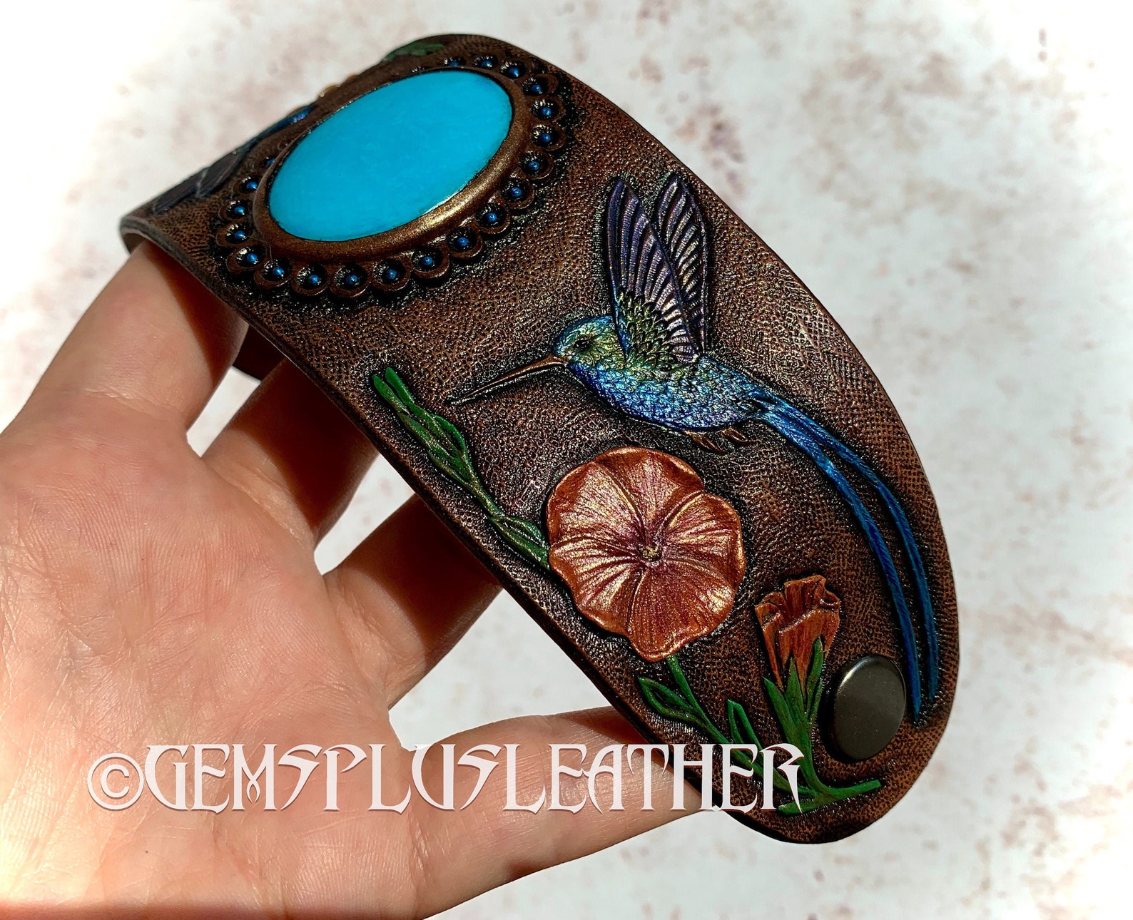Tooled Leather Hummingbird Bracelet Hand Painted Leather - Etsy