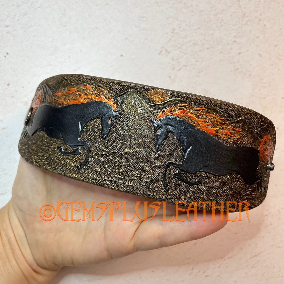 Tooled leather cuff bracelet with infernal horses Hand | Etsy