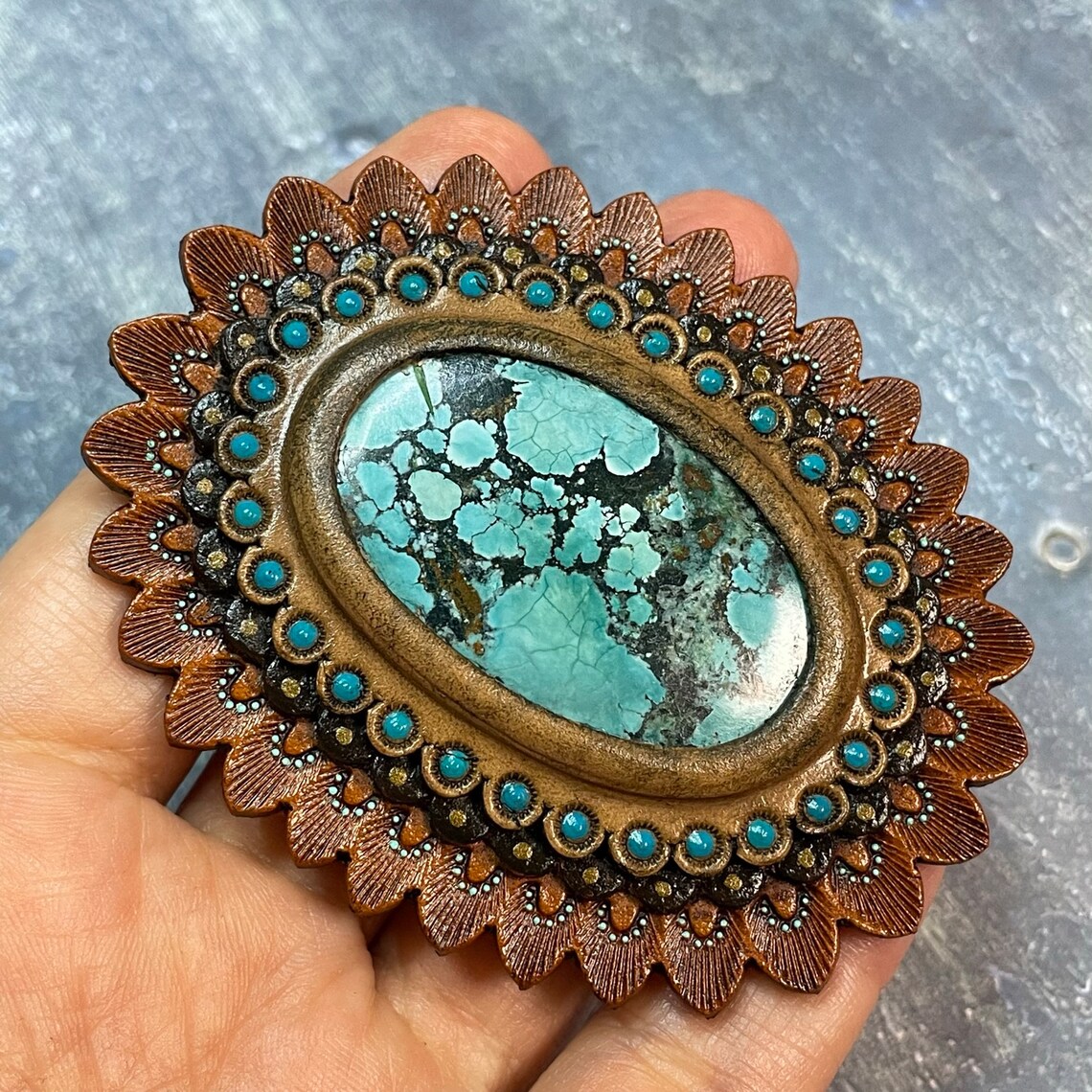 Hand Tooled Leather Concho With Turquoise Natural Gemstone - Etsy
