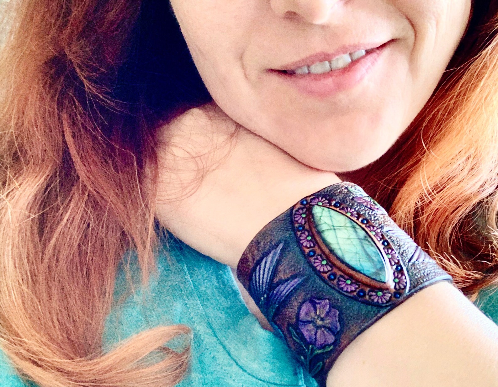 Tooled Leather Hummingbird Bracelet Hand Painted Leather - Etsy