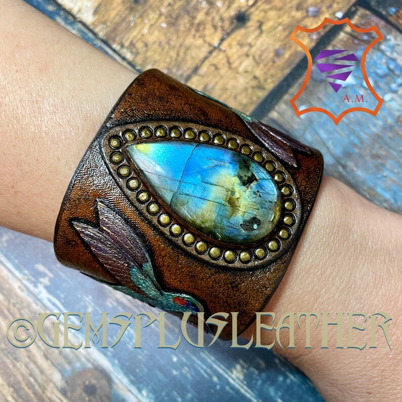 Tooled Leather Hummingbird Bracelet Hand Painted Leather | Etsy