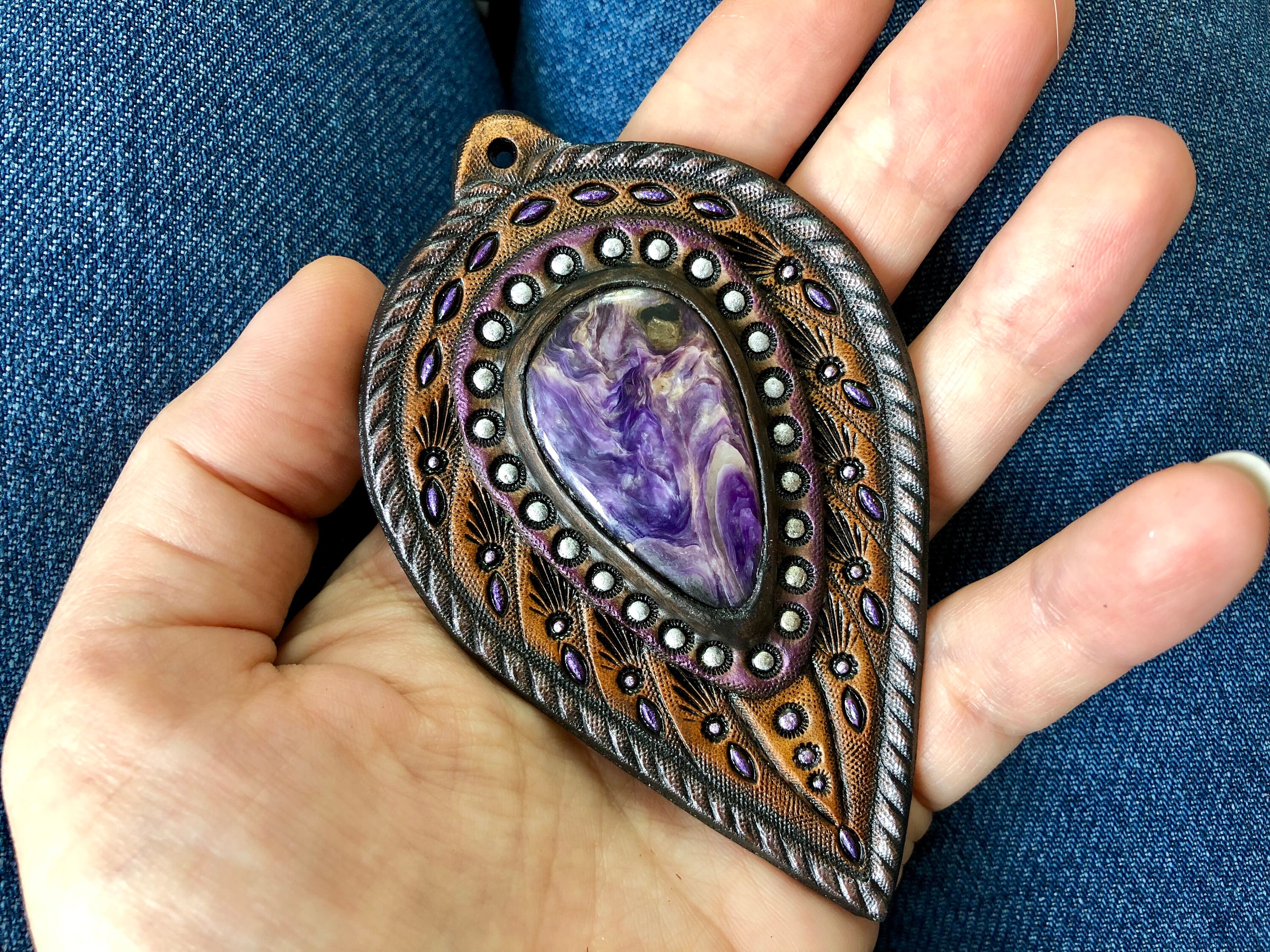 Tooled leather jewellery set with charoite cabochons & silver | Etsy