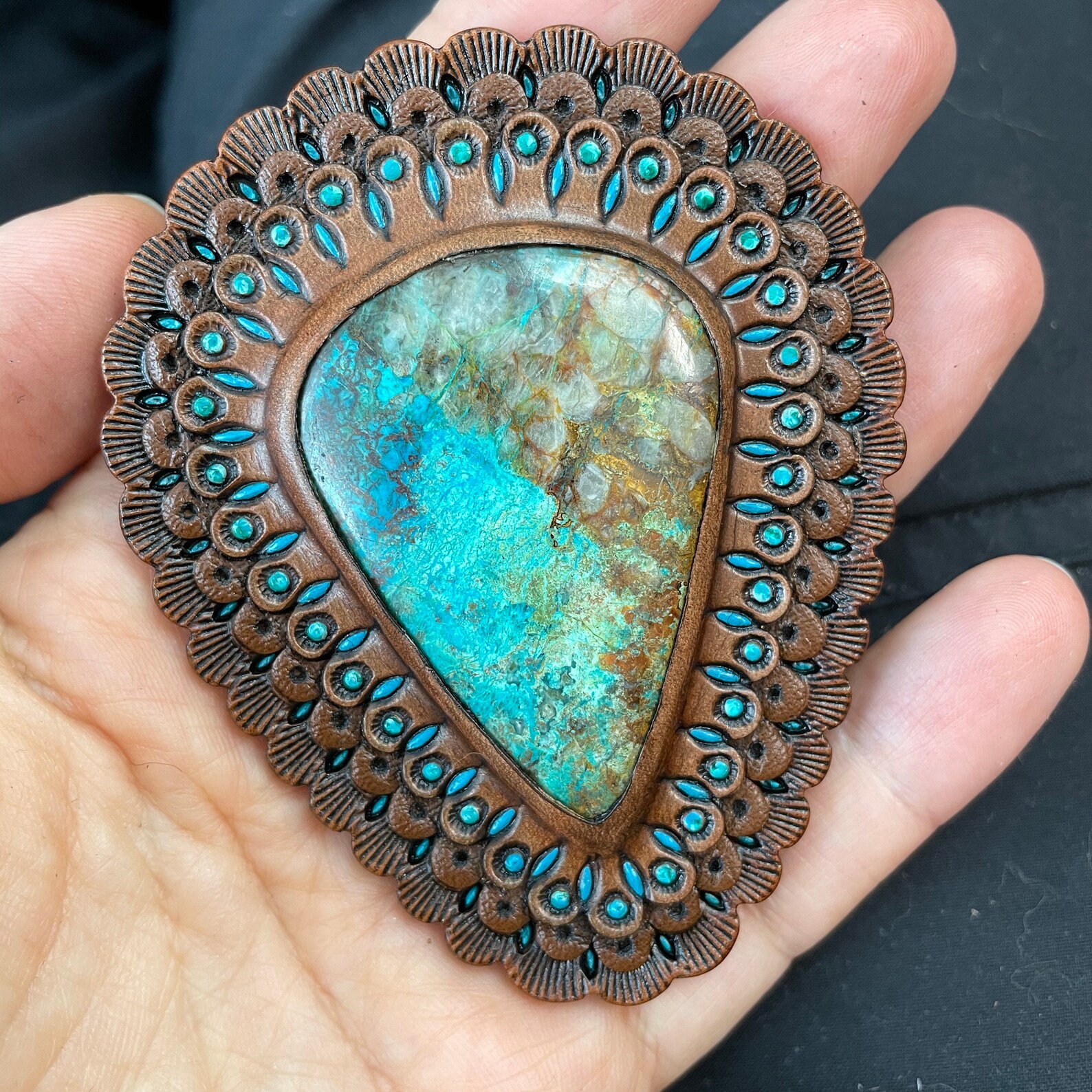 Hand Tooled Leather Concho With Chrysocolla Cabochon Natural - Etsy