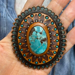 Hand Tooled Leather Concho With Turquoise Natural Gemstone - Etsy