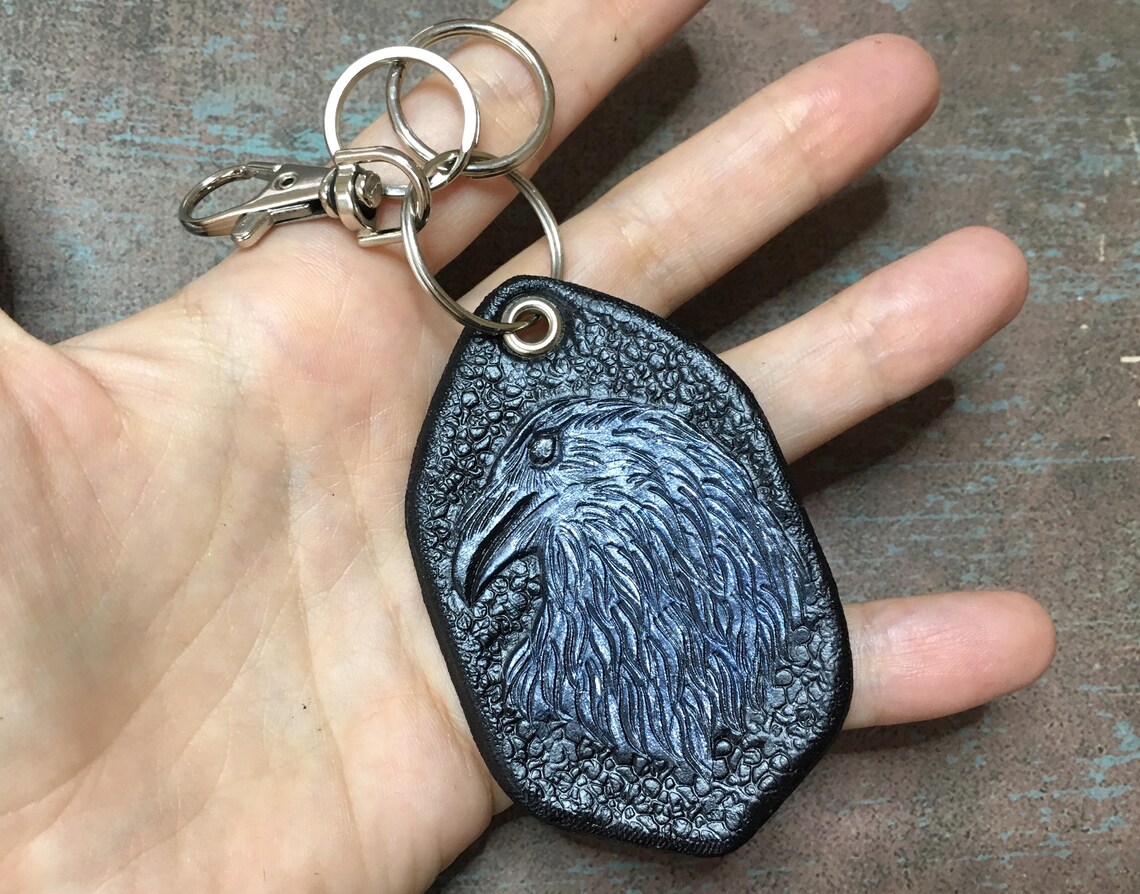 Tooled Leather Raven Key Holder Hand Tooled Leather Key Fob - Etsy
