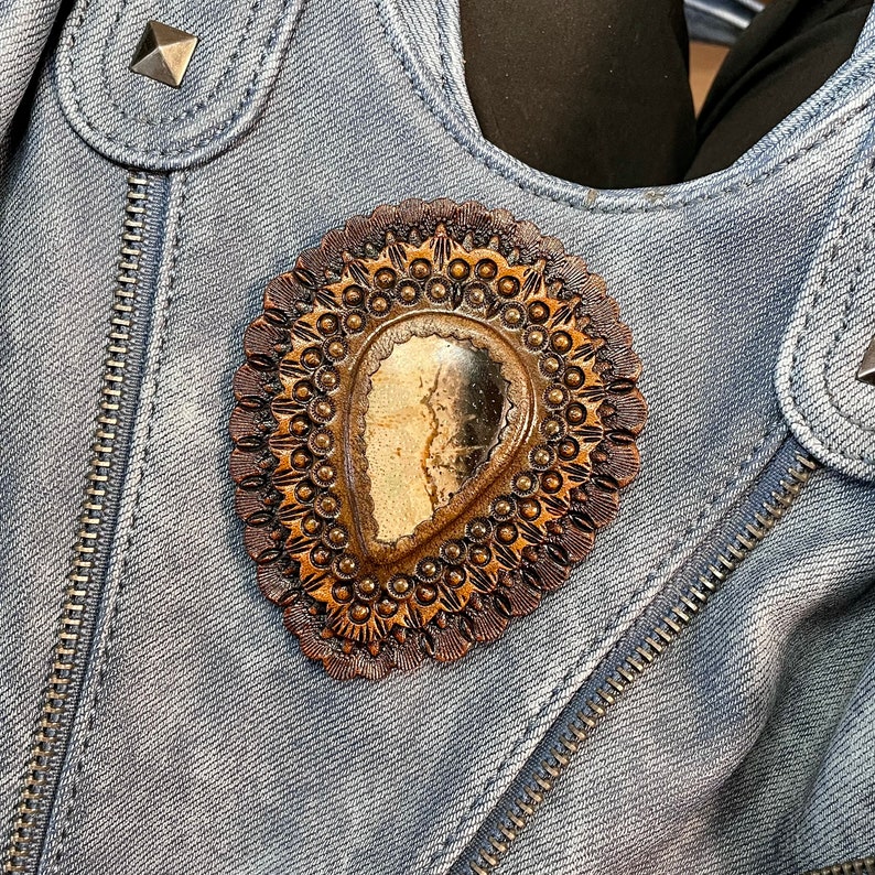 Hand Tooled Leather Concho With Petrified Wood Natural - Etsy