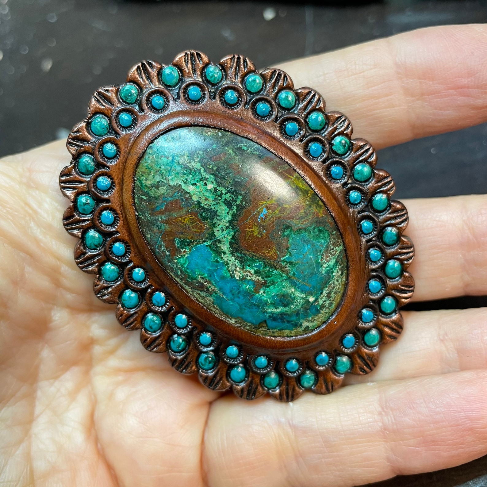 Hand Tooled Leather Concho With Chrysocolla Cabochon Natural - Etsy