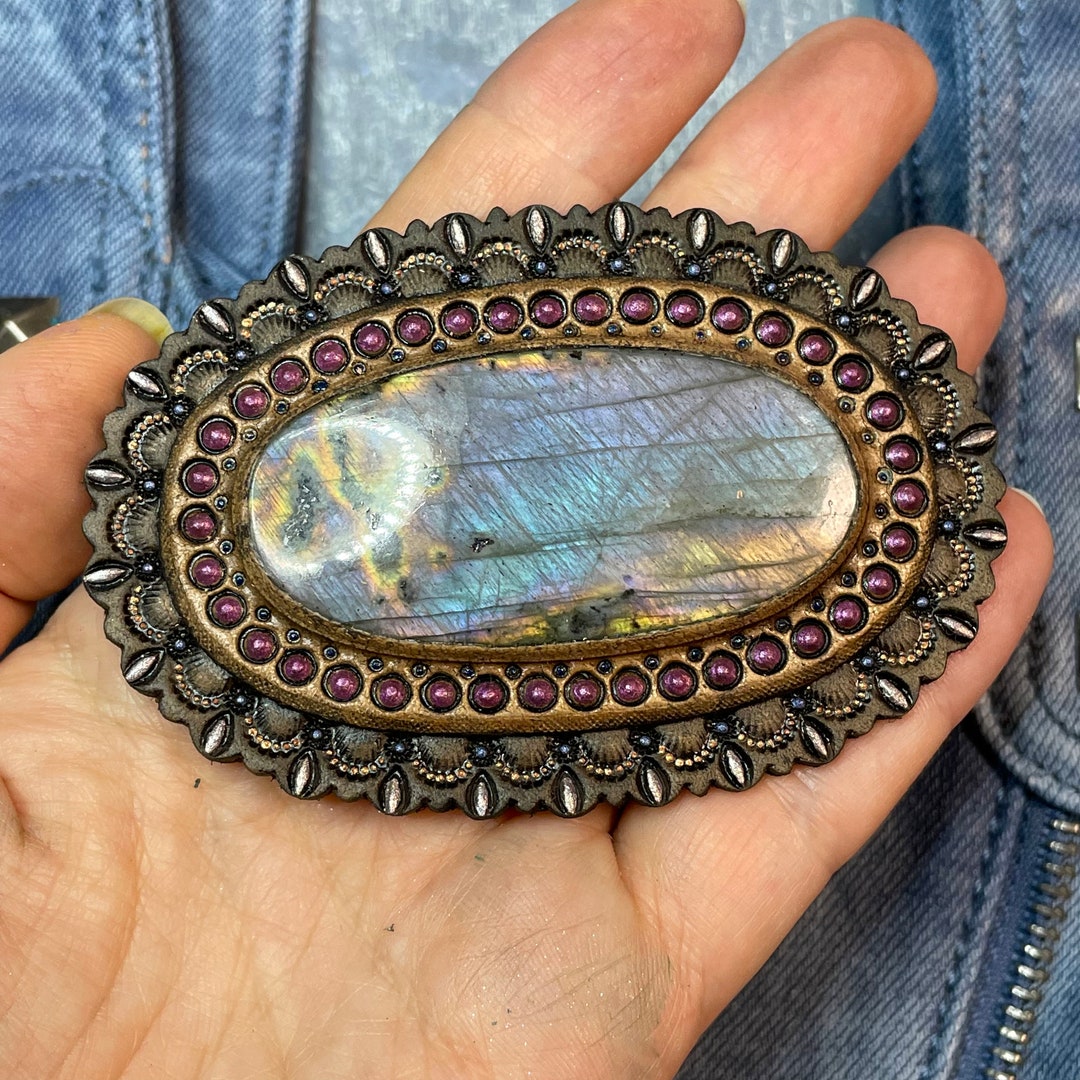 Tooled Leather Concho: Purple Labradorite Gemstone Bag Accessory - Etsy