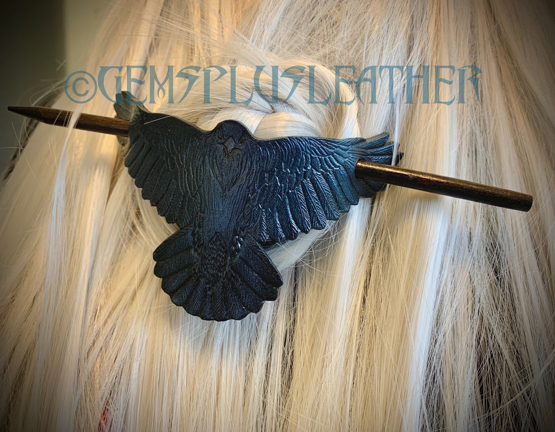 Tooled Leather Raven Shawl Pin or Hair Cuff Black Raven - Etsy